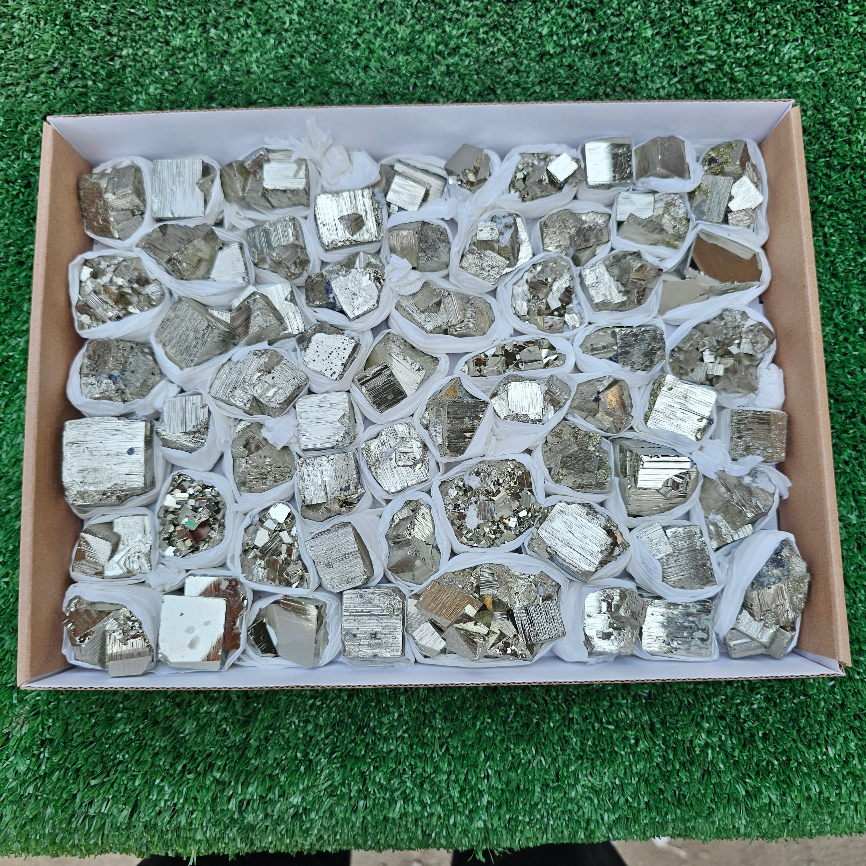 63 pc Box Pyrite Cubic – INKA MINERALS PERU