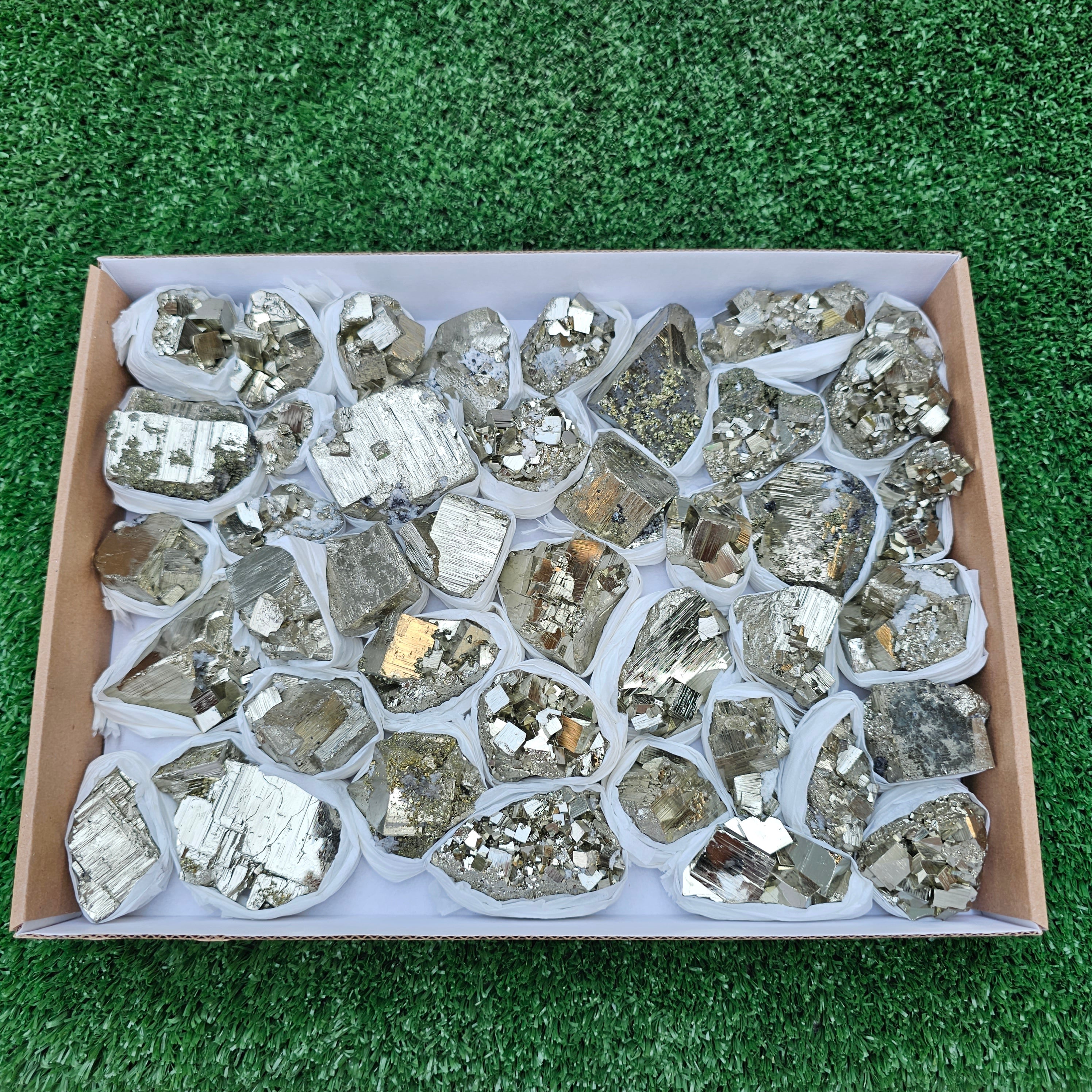 41 pc Box Pyrite Cubic – INKA MINERALS PERU